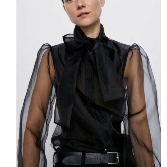 Zara Tops Zara Organza Semisheer Blouse Top W Tie Black Color Nwt Poshmark